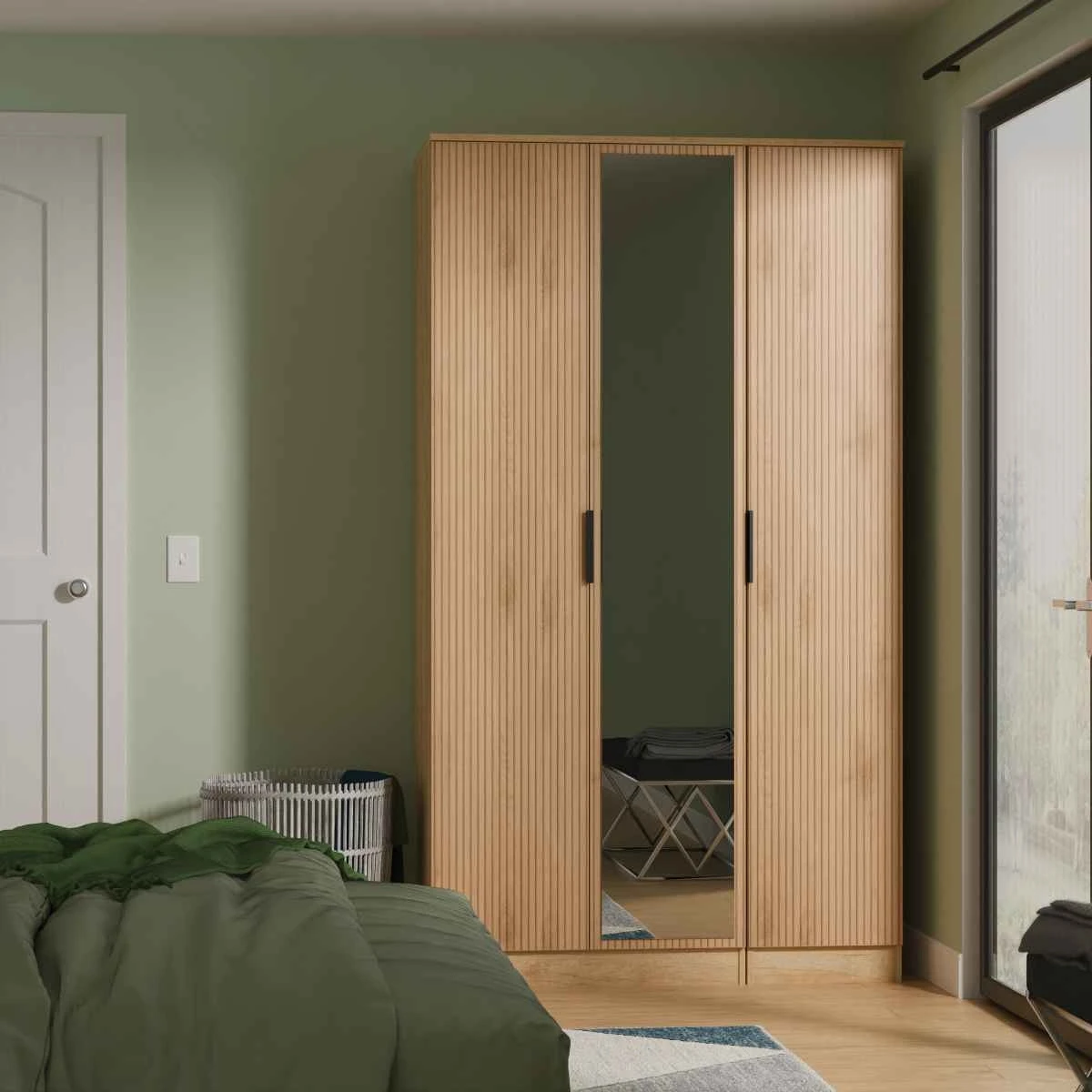 Java - 3 Door Triple Tall Mirror Wardrobe - Slatted Effect Front and ...